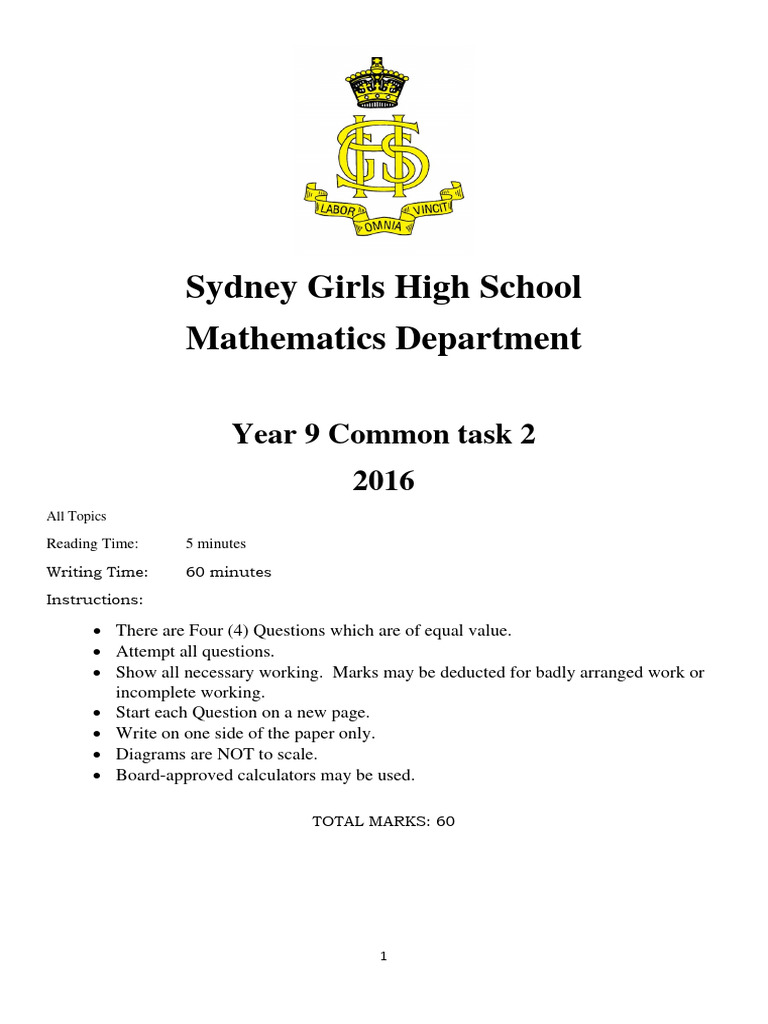 Year 9 Math Exam Paper 2016 | PDF | Mathematics | Euclidean Geometry