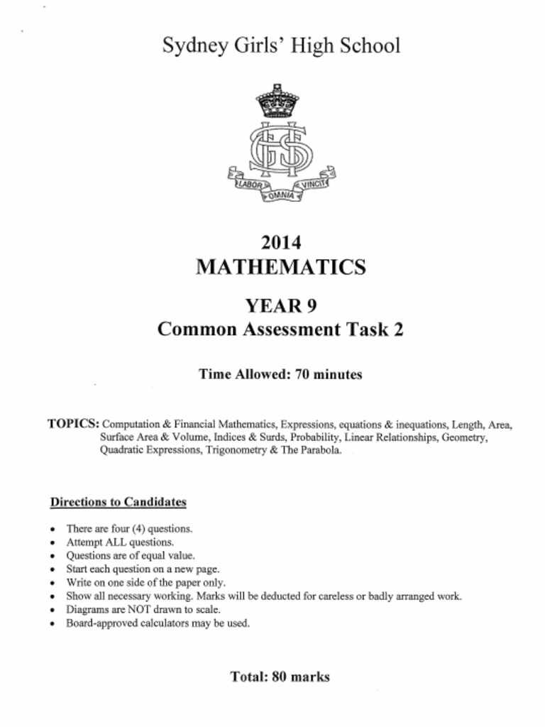 Sydney Girls 2014 Year 9 Maths Yearly & Solutions | PDF