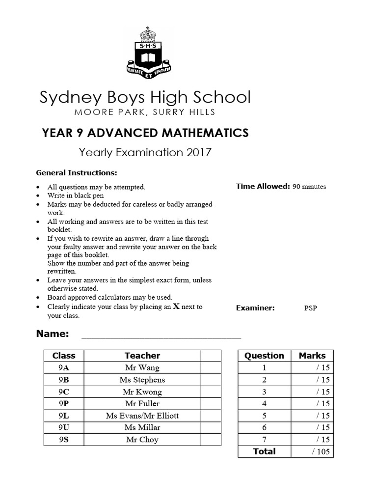 Sydney Boys 2017 Year 9 Maths Yearly | PDF | Area | Equations