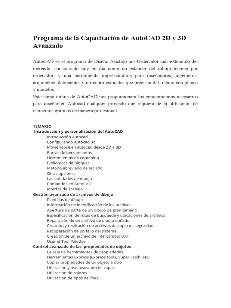 Programa de La Capacitación de AutoCAD 2D y 3D Avanzado | Descargar gratis PDF | Cad automático ...