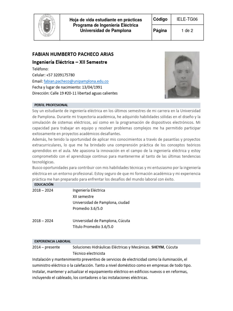 IELE-TG06 - Hoja de Vida Practicantes | PDF | Ingenieria Eléctrica ...