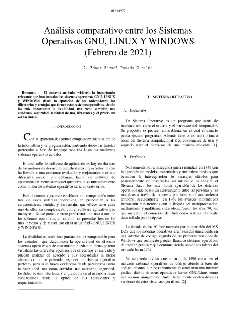 Comparativa de Sistemas Operativos: GNU, LINUX y WINDOWS | PDF ...