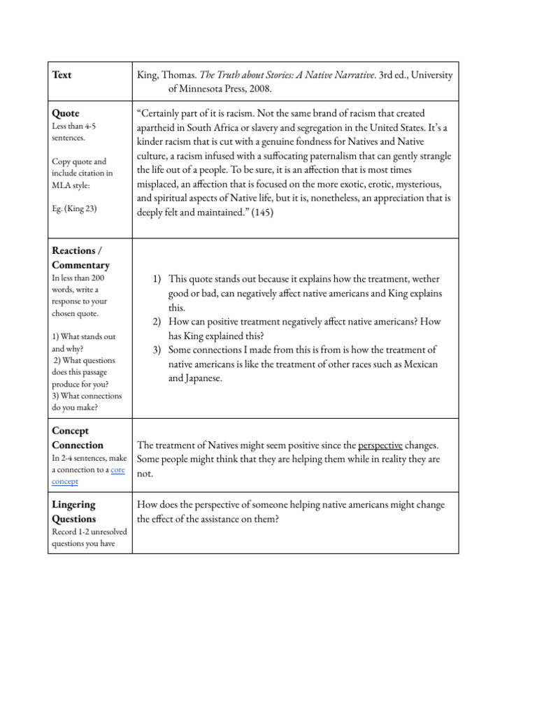 Copy of Dialectical Journals Template The Truth About Stories CHPT 5 | PDF