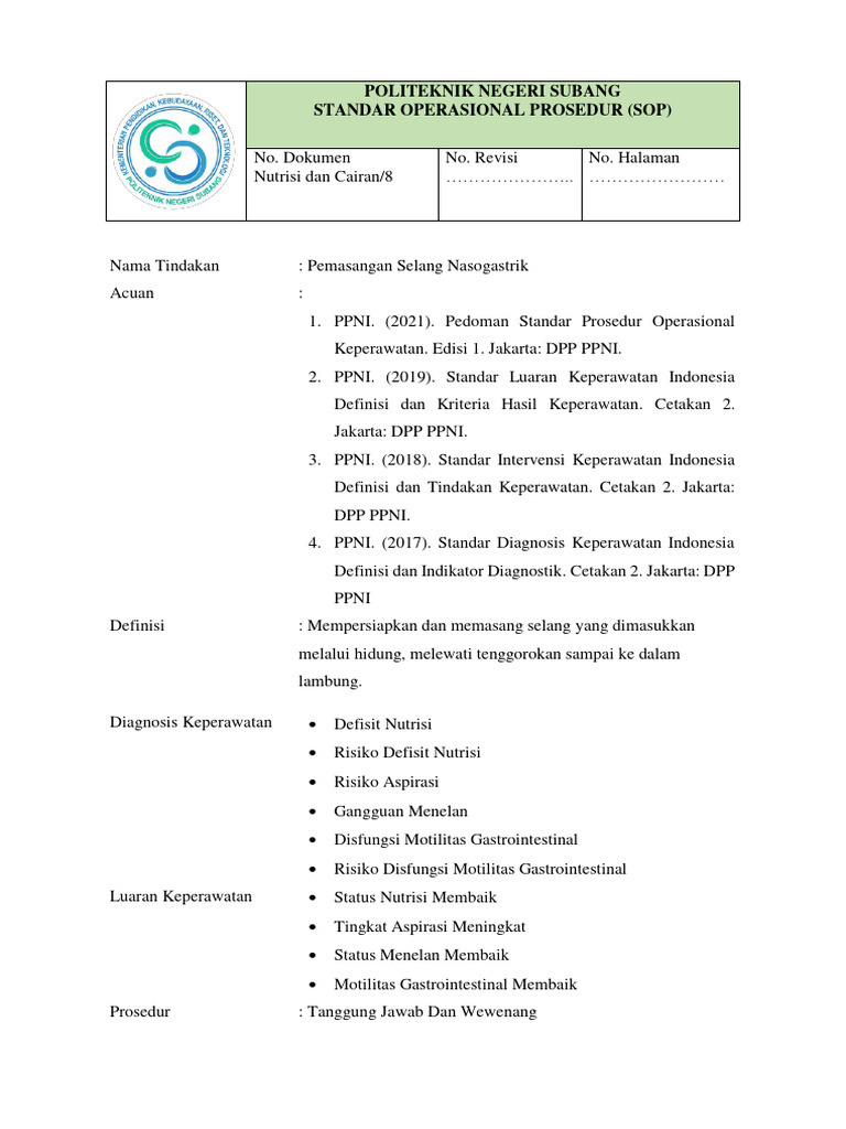 24. SOP PEMASANGAN SELANG NASOGASTRIK 2023 | PDF 24. SOP PEMASANGAN SELANG NASOGASTRIK 2023 | PDF