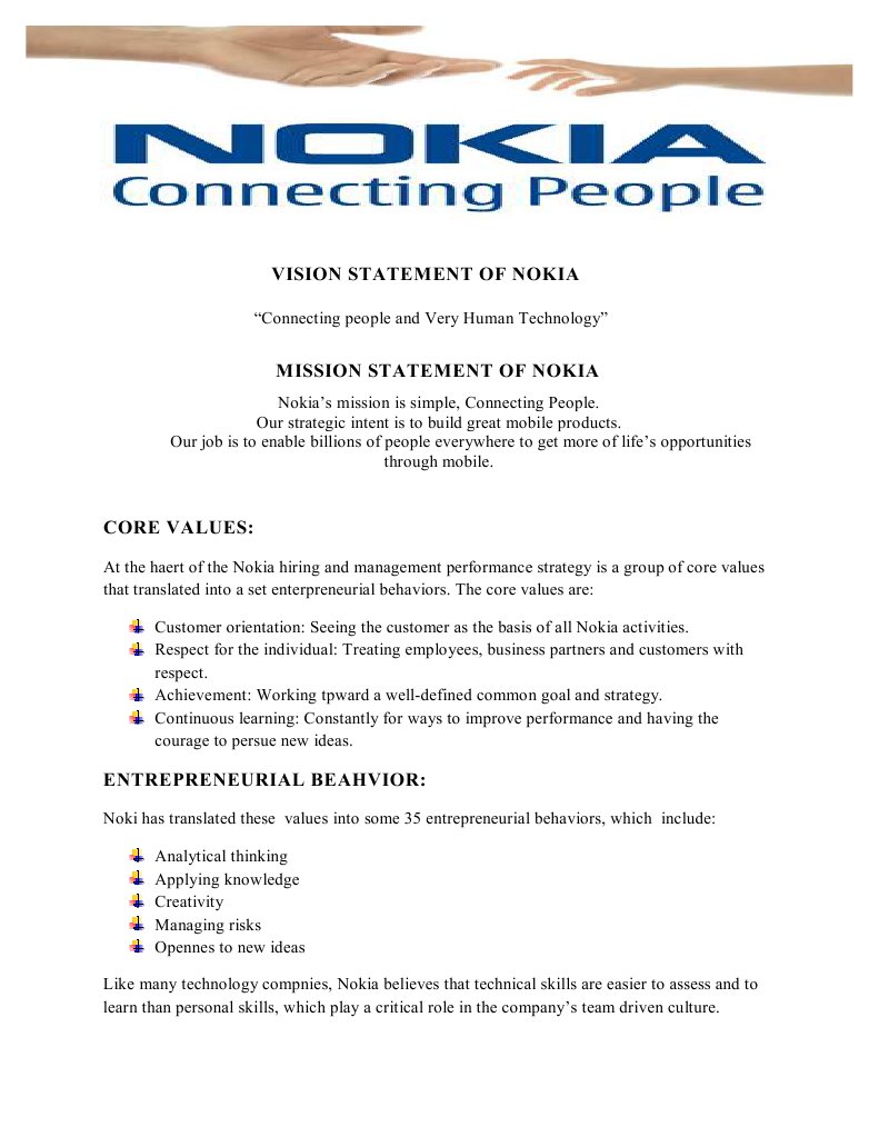 Nokia Mission and Vision Overview | PDF
