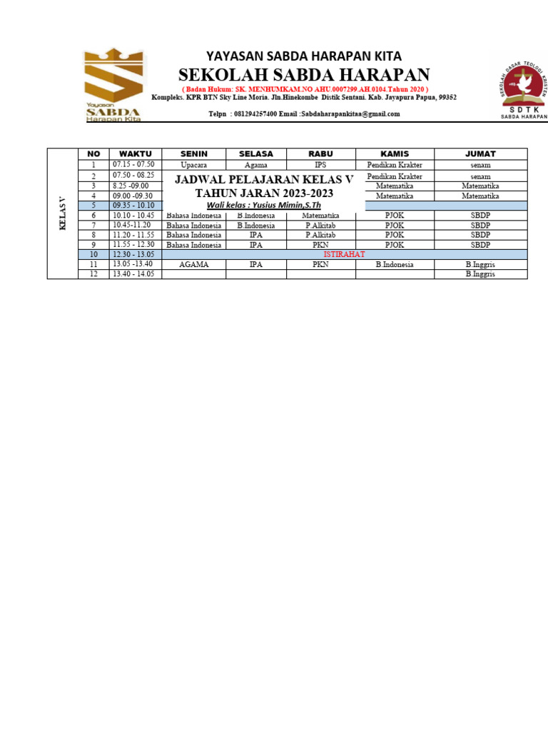 Jadwal Pelajaran Kelas V | PDF