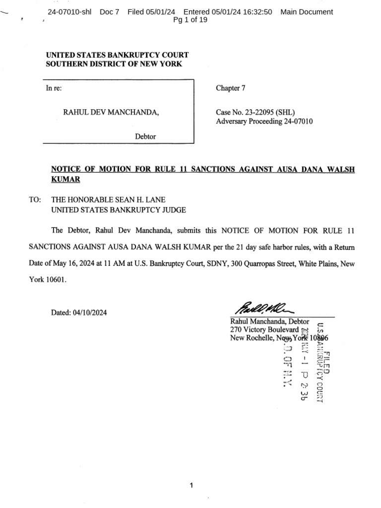 Notice of Motion For Rule 11 Sanctions Against Ausa Dana Walsh Kumar | PDF | Bankruptcy | Chapter 7