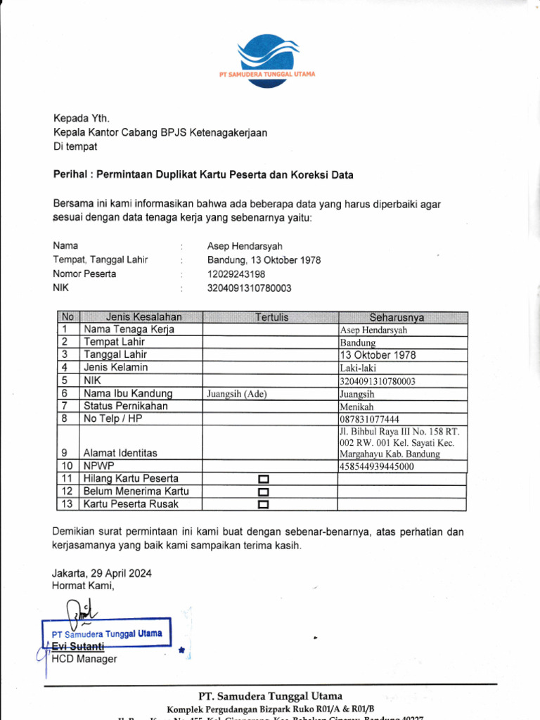 Form Koreksi Data BPJSTK Asep Hendarsyah | PDF