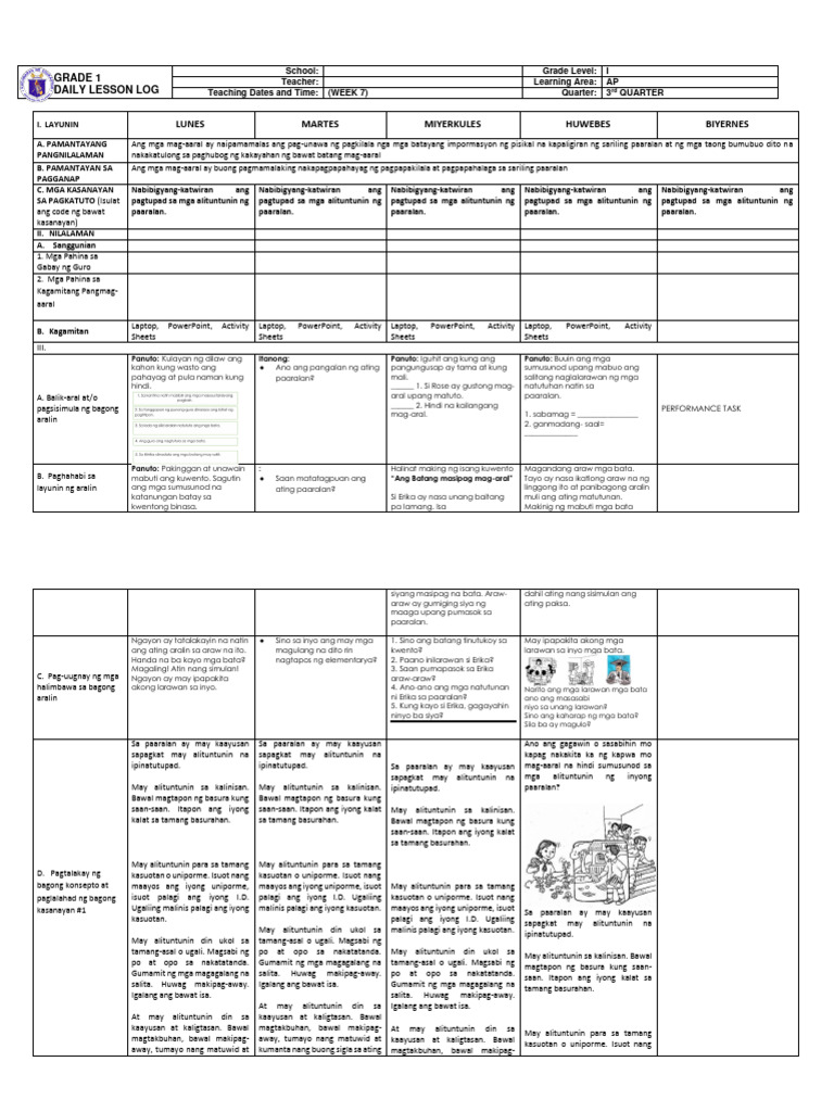 Grade 1 Daily Lesson Log: Panuto: Itanong: Panuto: Iguhit Ang Kung Ang ...