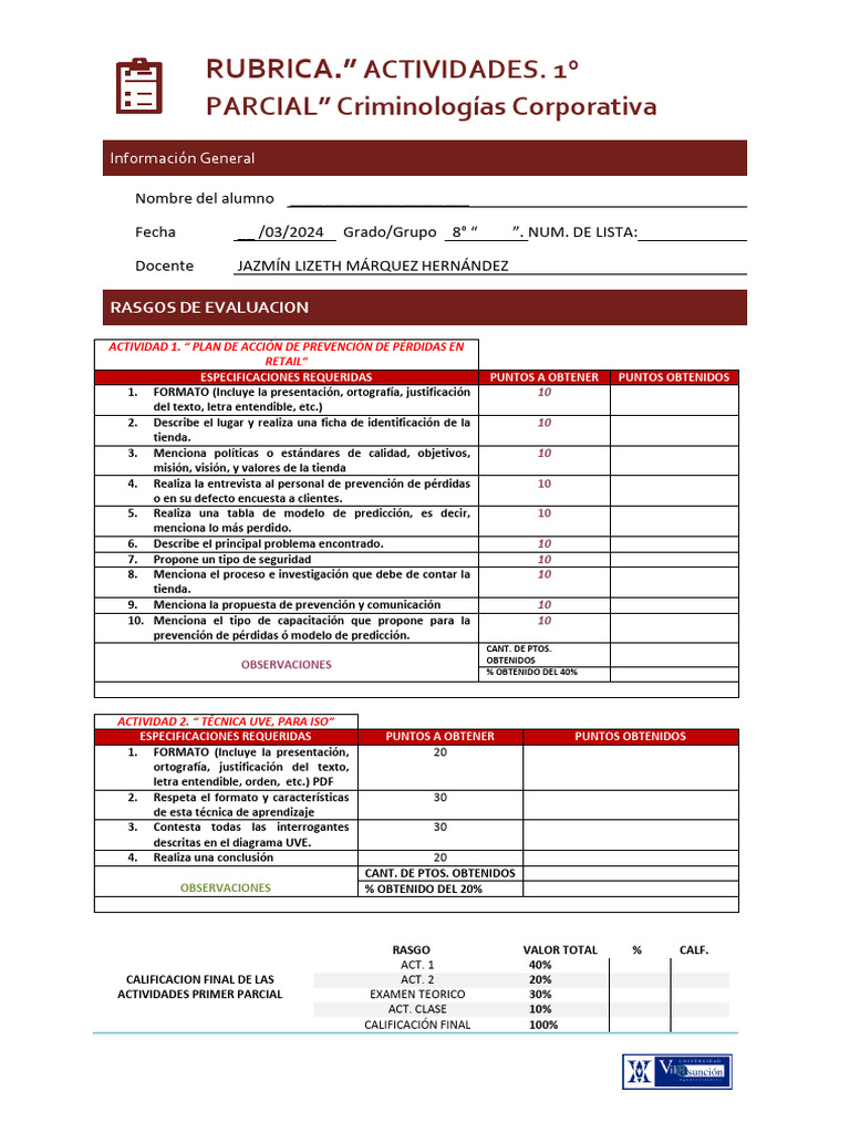 Rubricas de Evaluacion Primer Parcial | PDF | Evaluación | Cognición