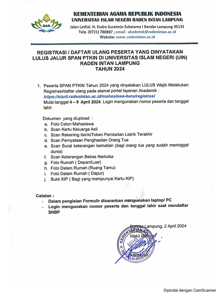 Pengumuman Registrasi Daftar Ulang Peserta Jalur SPAN PTKIN 2024 1 | PDF