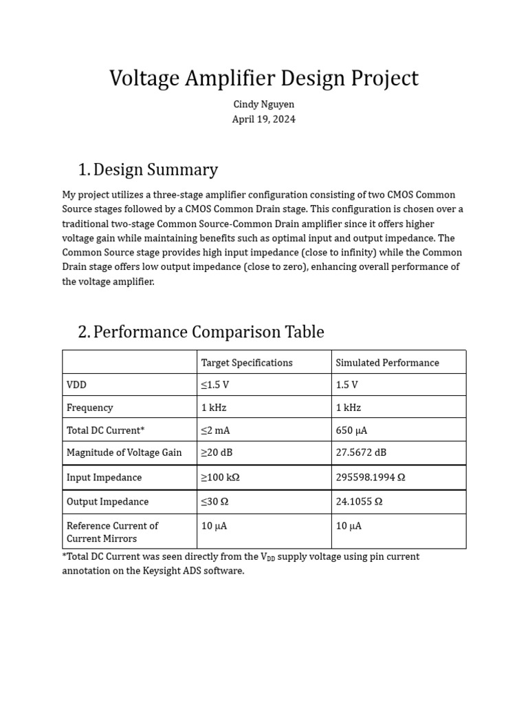 Voltage Amplifier Design Project | PDF | Electrical Impedance | Amplifier