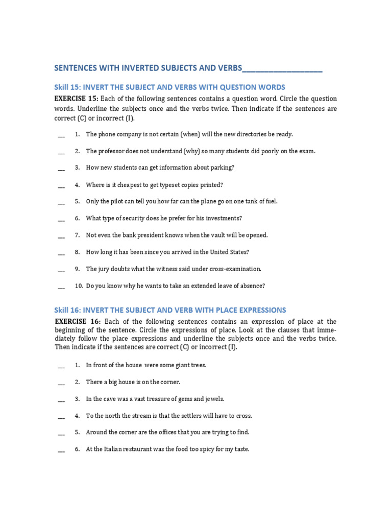 Sentences With Inverted Subjects and Verbs | PDF | Subject (Grammar ...