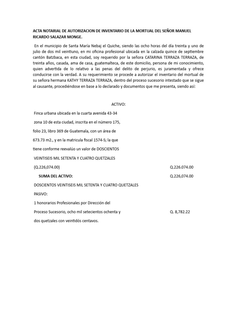 Inventario Mortual Manuel Salazar | PDF