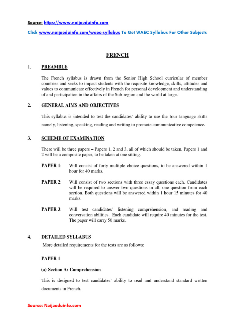 WAEC-SYLLABUS-FOR-FRENCH | PDF | Grammatical Number | Part Of Speech