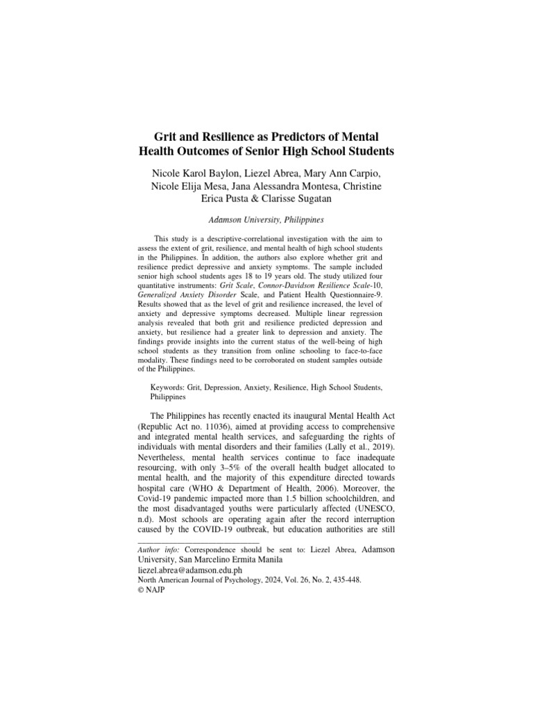 Grit and Resilience As Predictors of Mental Health Outcomes of Senior High School Students | PDF ...