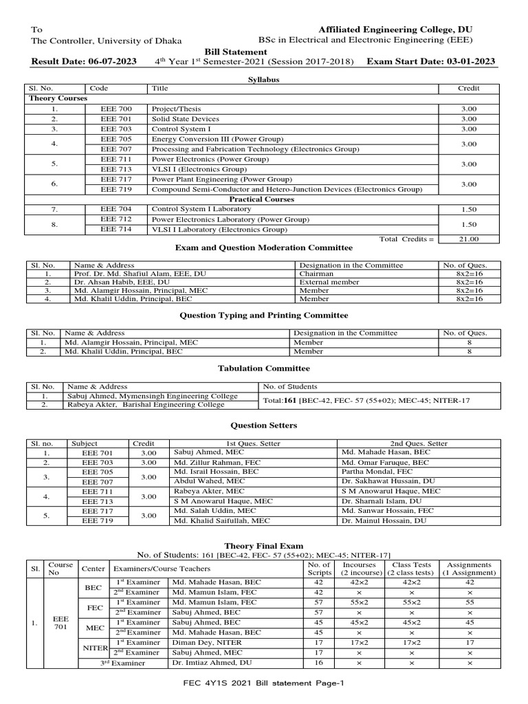 Bill Statement of 4Y1S (Session 2017-2018) Exam 2021 of ECs | PDF ...