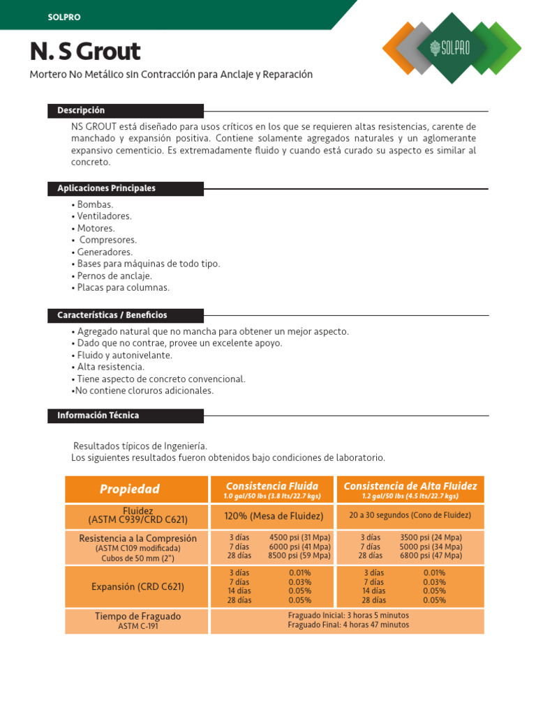 Mortero NS Grout: Anclaje y Reparación | PDF | Mortero (Albañilería ...