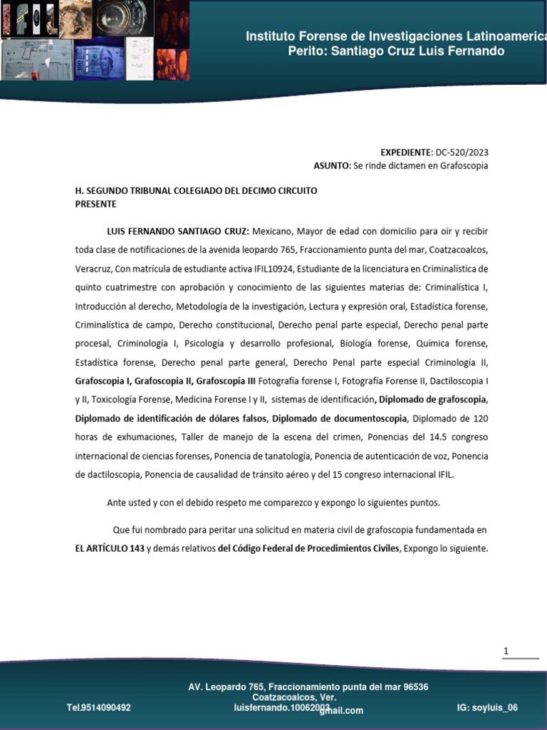 Grafoscopia Dictamen | PDF | Ciencia forense | Experto