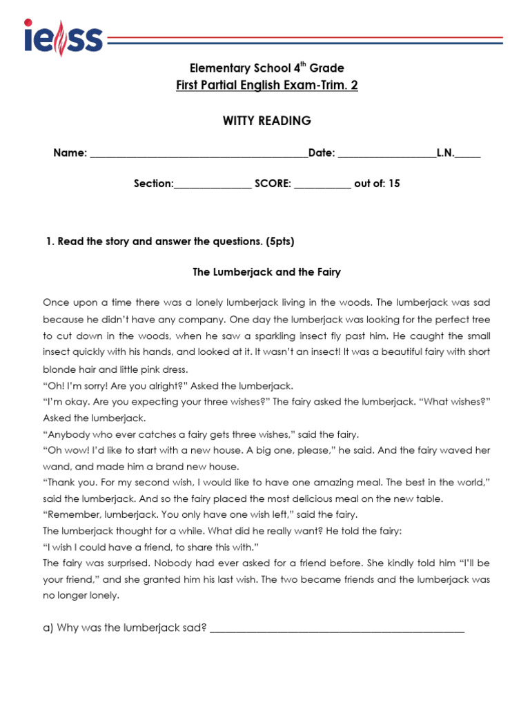 4th Grade English Exam: Reading & Writing | PDF