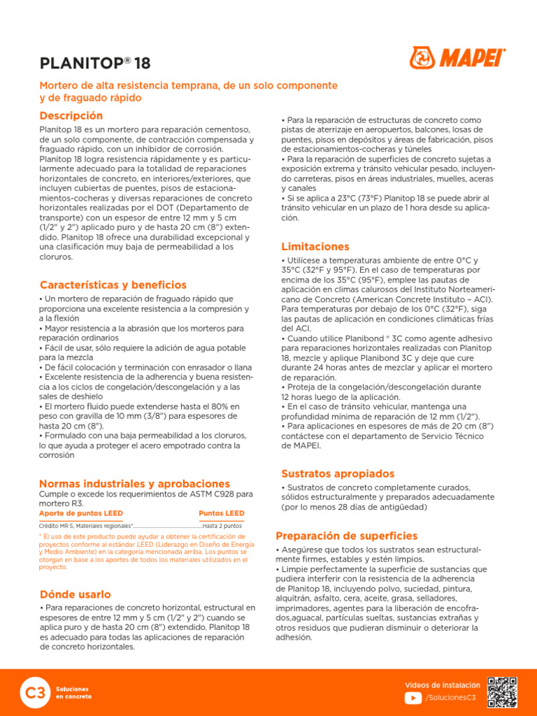 Planitop 18 - Fichatecnica | PDF | Hormigón | Materiales