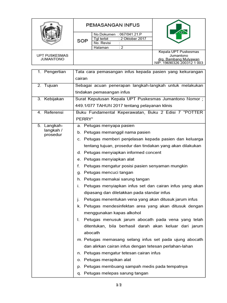SOP Pemasangan Infus Pasien | PDF