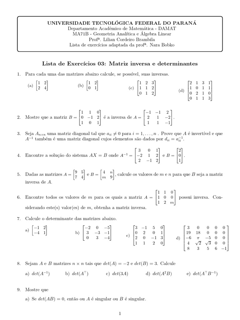 Lista 03 Matriz Inversa E Determinante Pdf Matriz Matemática