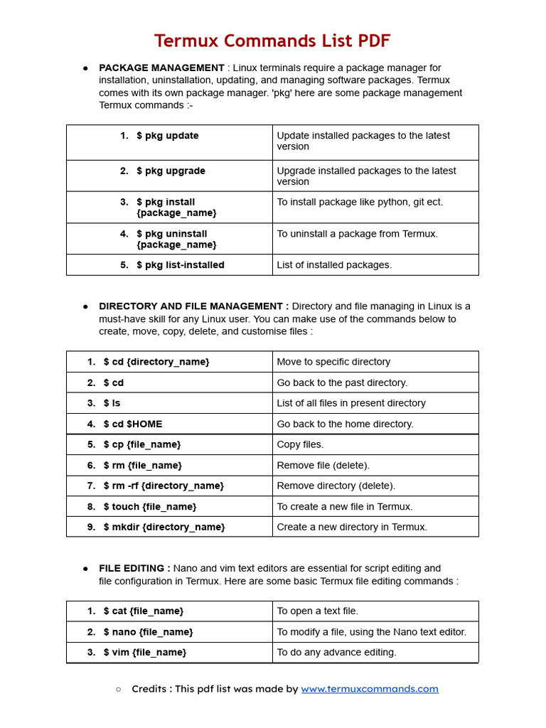 Termux Commands List PDF | Download Free PDF | Computer File | Filename