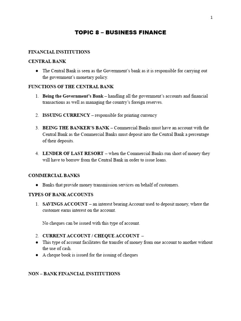Pob Topic 8 - Business Finance | PDF | Banks | Bookkeeping