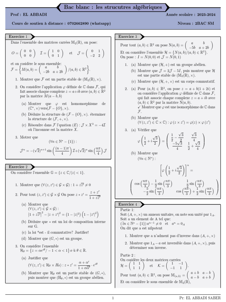 Bac blanc : structures algébriques 2BAC SM | PDF | Groupe ...