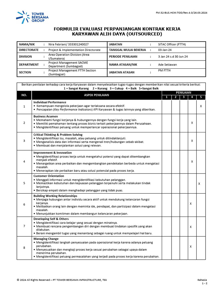 Formulir Penilaian Kinerja Karyawan Alihdaya (Nira) - Outsource | PDF