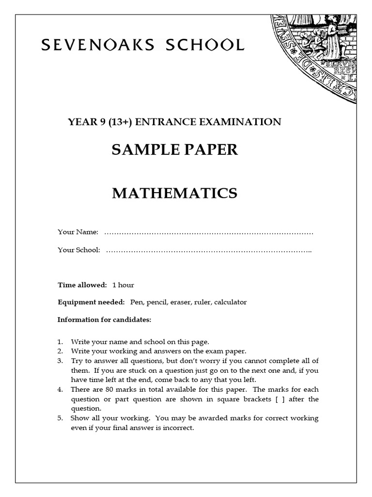 Year 9 Mathematics Entrance Exam Sample | PDF | Area | Percentage