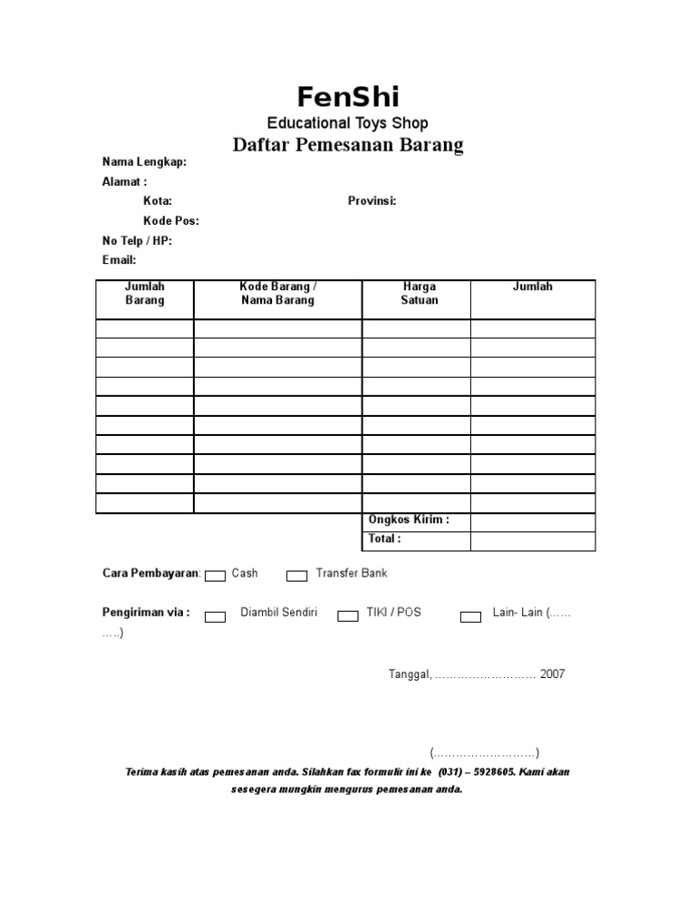 Form Pemesanan Barang | PDF