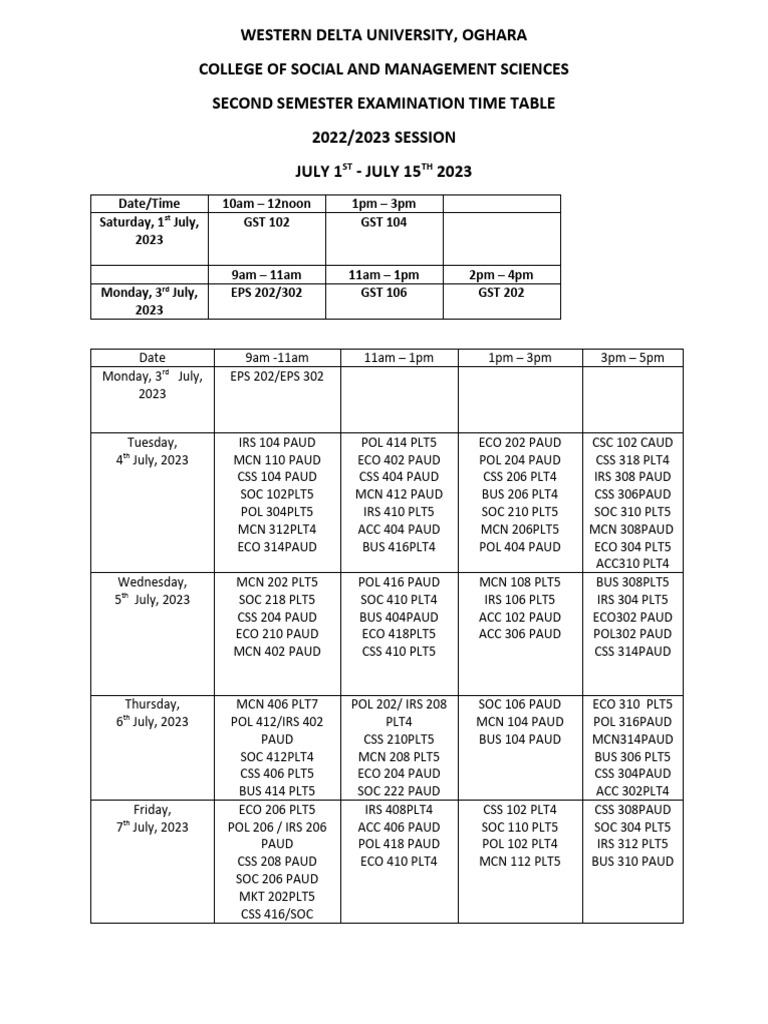 Amended 2023 Second Semester Examination Timetable and Invigilation ...