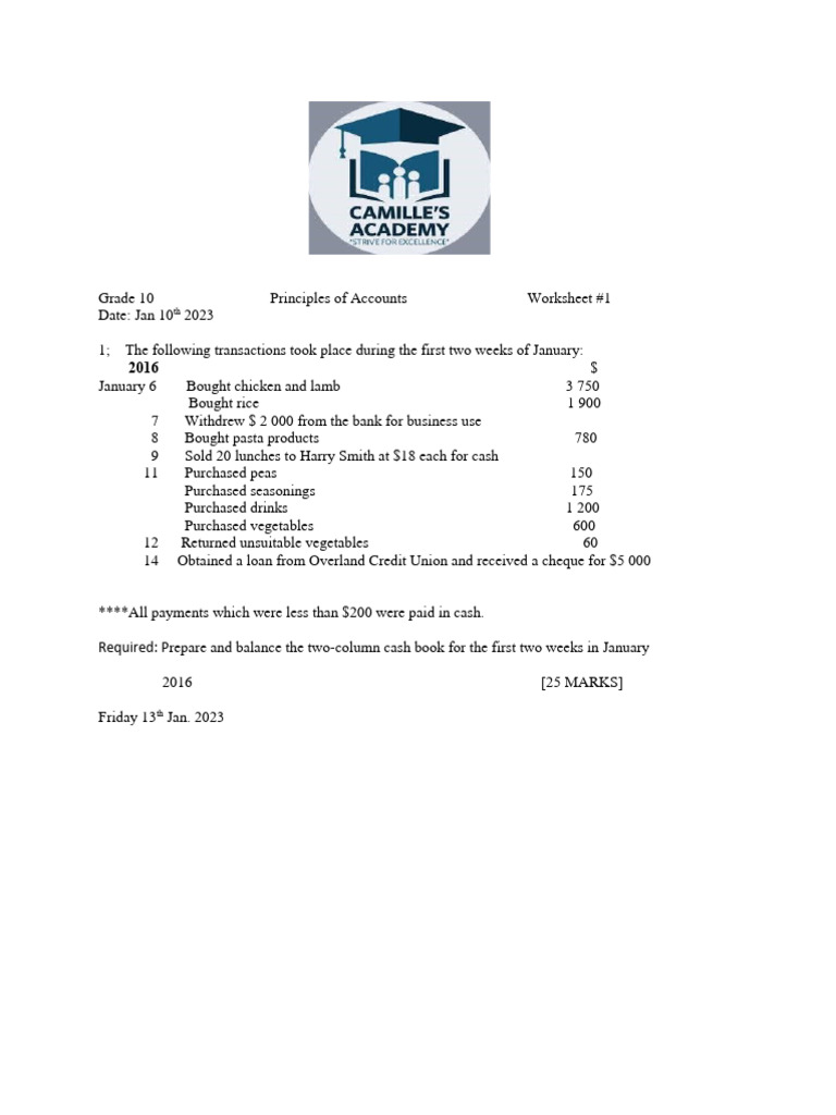Grade 10 Principles of Accounts Worksheet | PDF