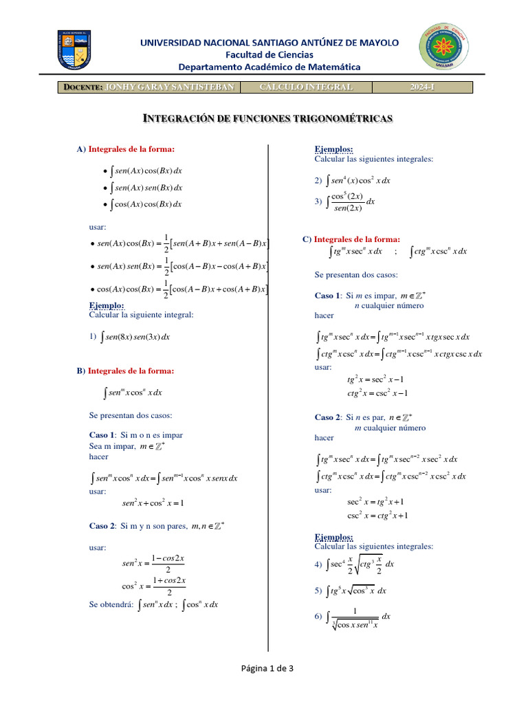 Tema 3 - Integracion de Funciones Trigonometricas - 2024-I | PDF | Integral | Lógica matemática