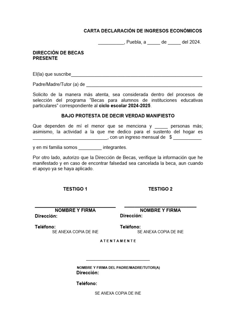Carta Declaración de Ingresos Económicos | PDF