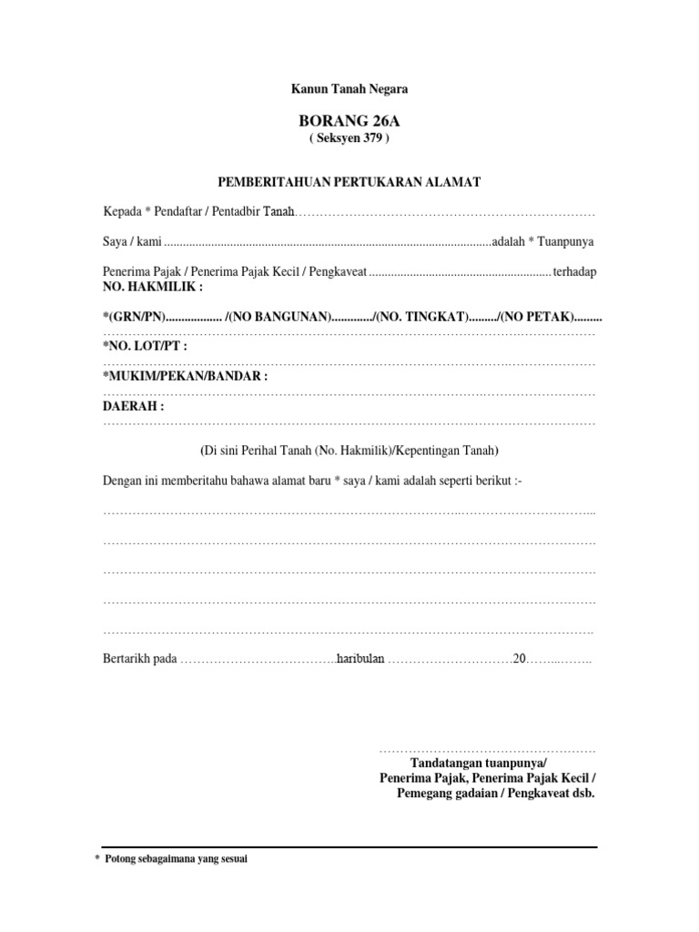 Panduan Borang 26A Tukar Alamat Tanah | PDF