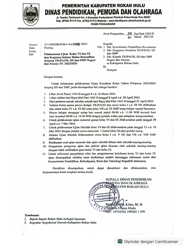 Info Bulan Ramadhan Dan Ujian Sekolah Kelas 6 Dan 9 | PDF