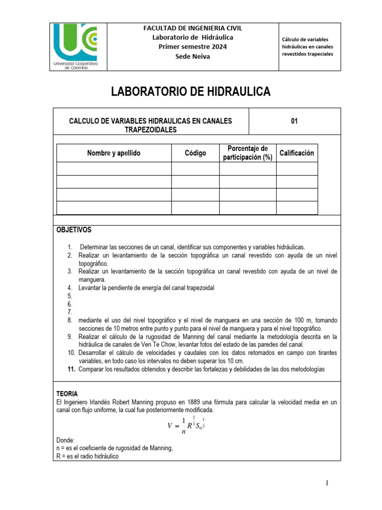 Practica 05 Calculo de Variables Hidraulicas en Canales Trapezoidales-2024 | PDF | Canal