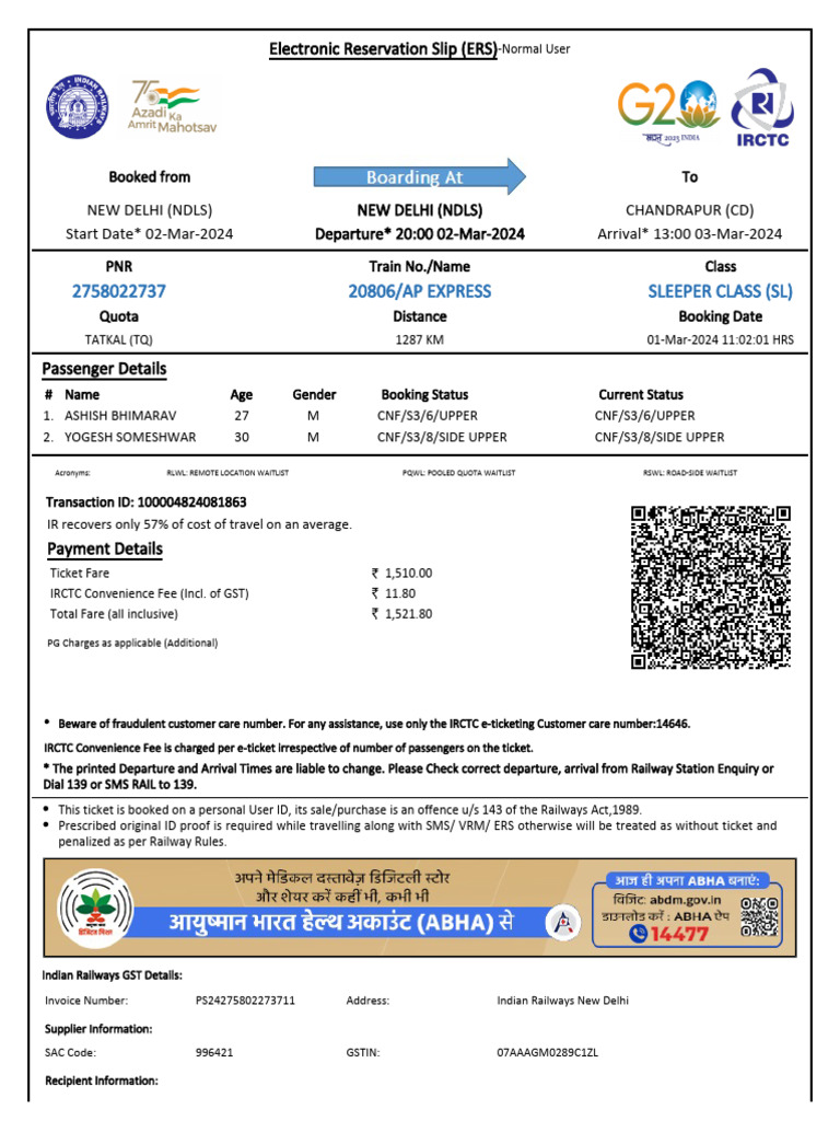 20806/AP EXPRESS Sleeper Class (SL) | PDF | Identity Document | Payments