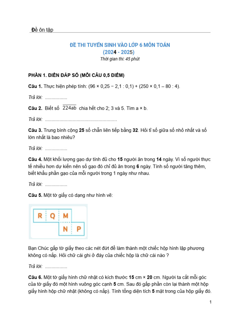 Đề Thi Vào L P 6 - 2024 | PDF