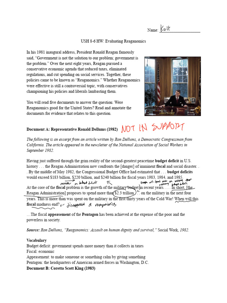 8-6 HW - Reaganomics | PDF | Ronald Reagan | Gross Domestic Product