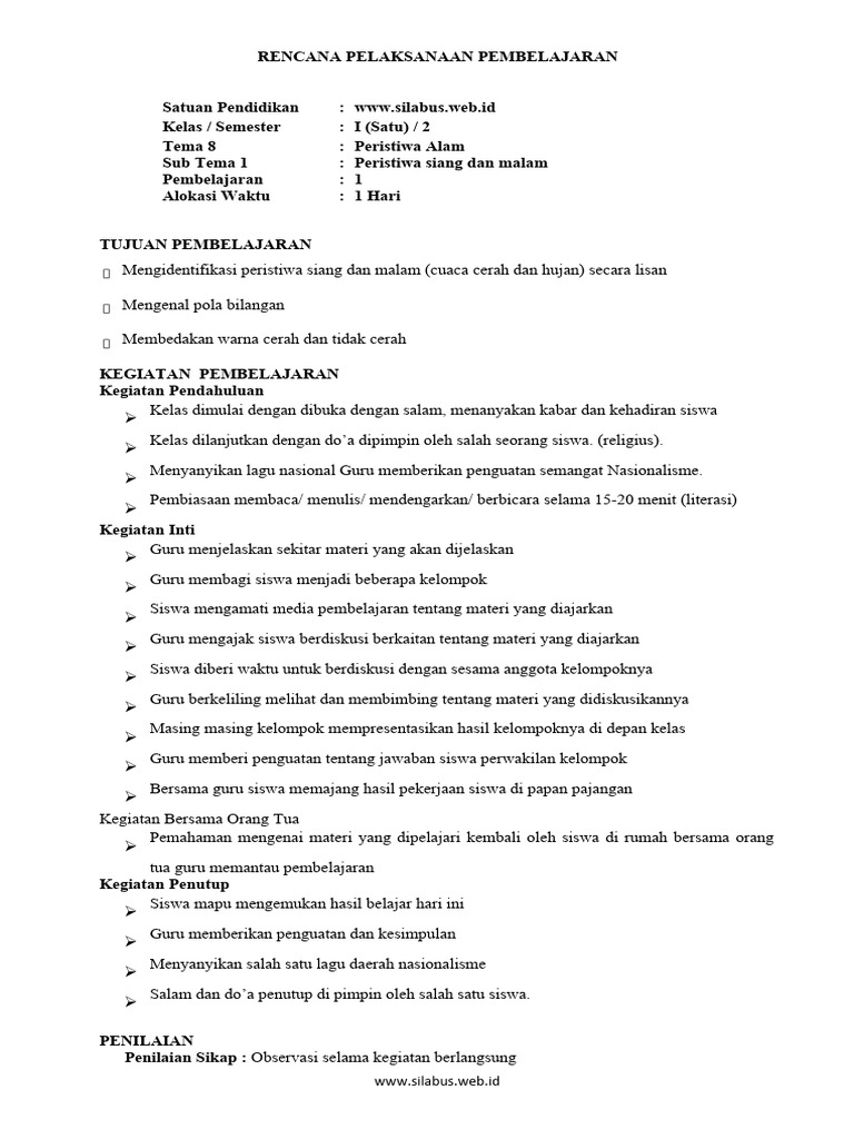 RPP 1 Lembar Kelas 1 Tema 8 Revisi 2020 | PDF