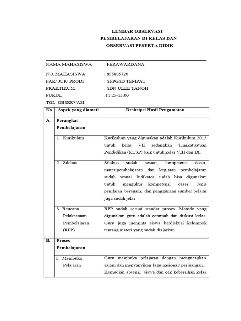 Contoh Lembar Observasi Pembelajaran | PDF | Karier & Perkembangan ...