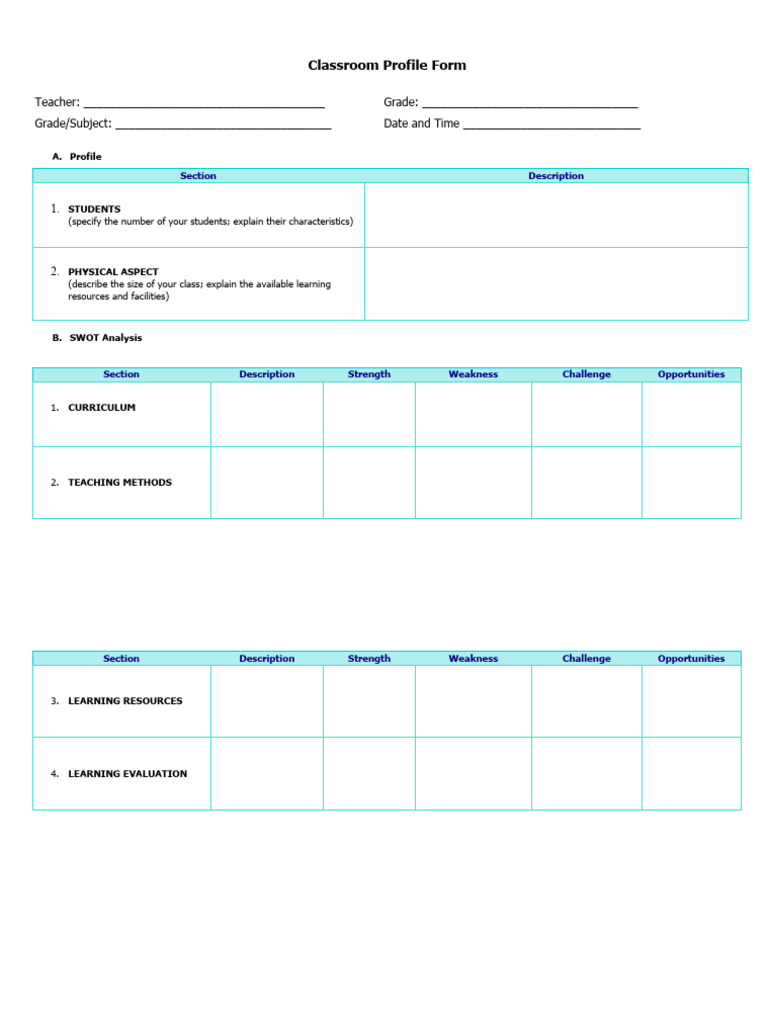 Classroom Profile & SWOT Analysis Form | PDF