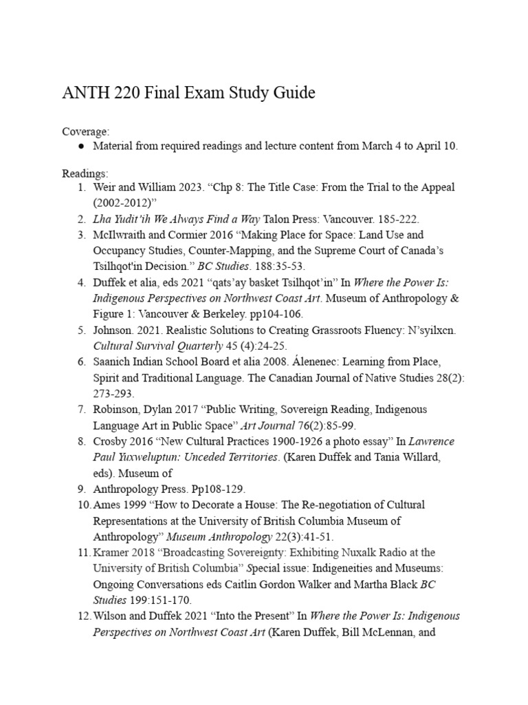 ANTH 220 Final Exam Study Guide | PDF | First Nations | Indigenous Peoples