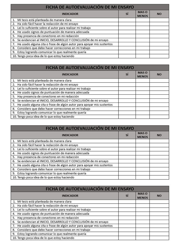 Ficha de Autoevaluación de Mi Ensayo | Descargar gratis PDF | Ensayos