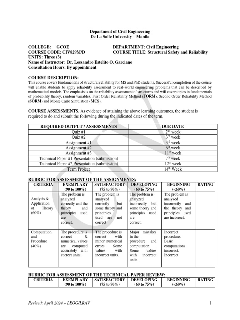 CIV829MD Syllabus | PDF | Reliability Engineering | Engineering