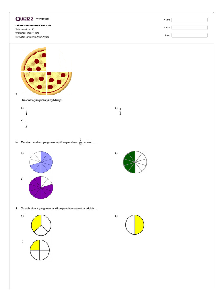 KELAS 2 - Latihan Soal Pecahan Kelas 2 SD - Quizizz | PDF